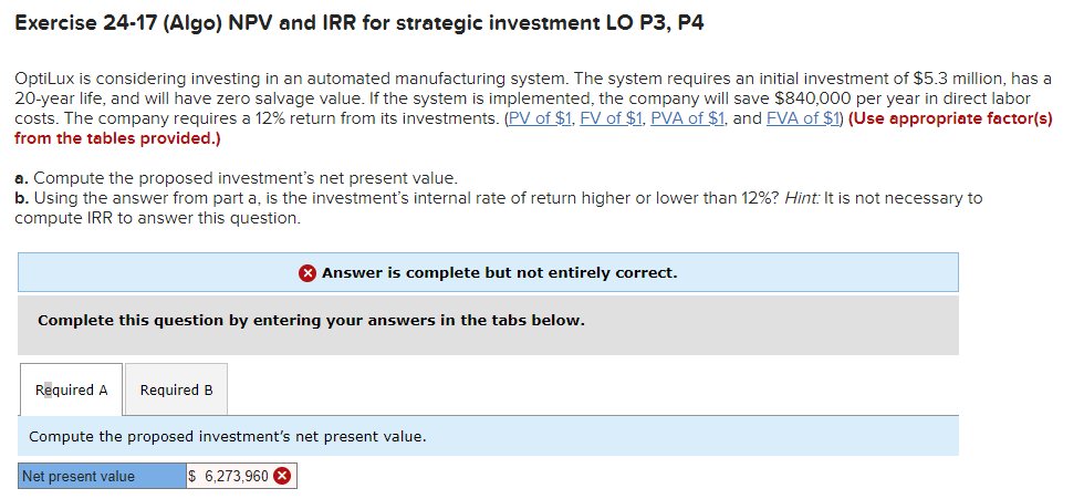 Solved Exercise 24-17 (Algo) NPV and IRR for strategic | Chegg.com