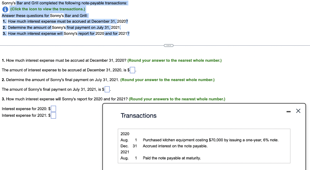 Solved Sonny's Bar and Grill completed the following | Chegg.com