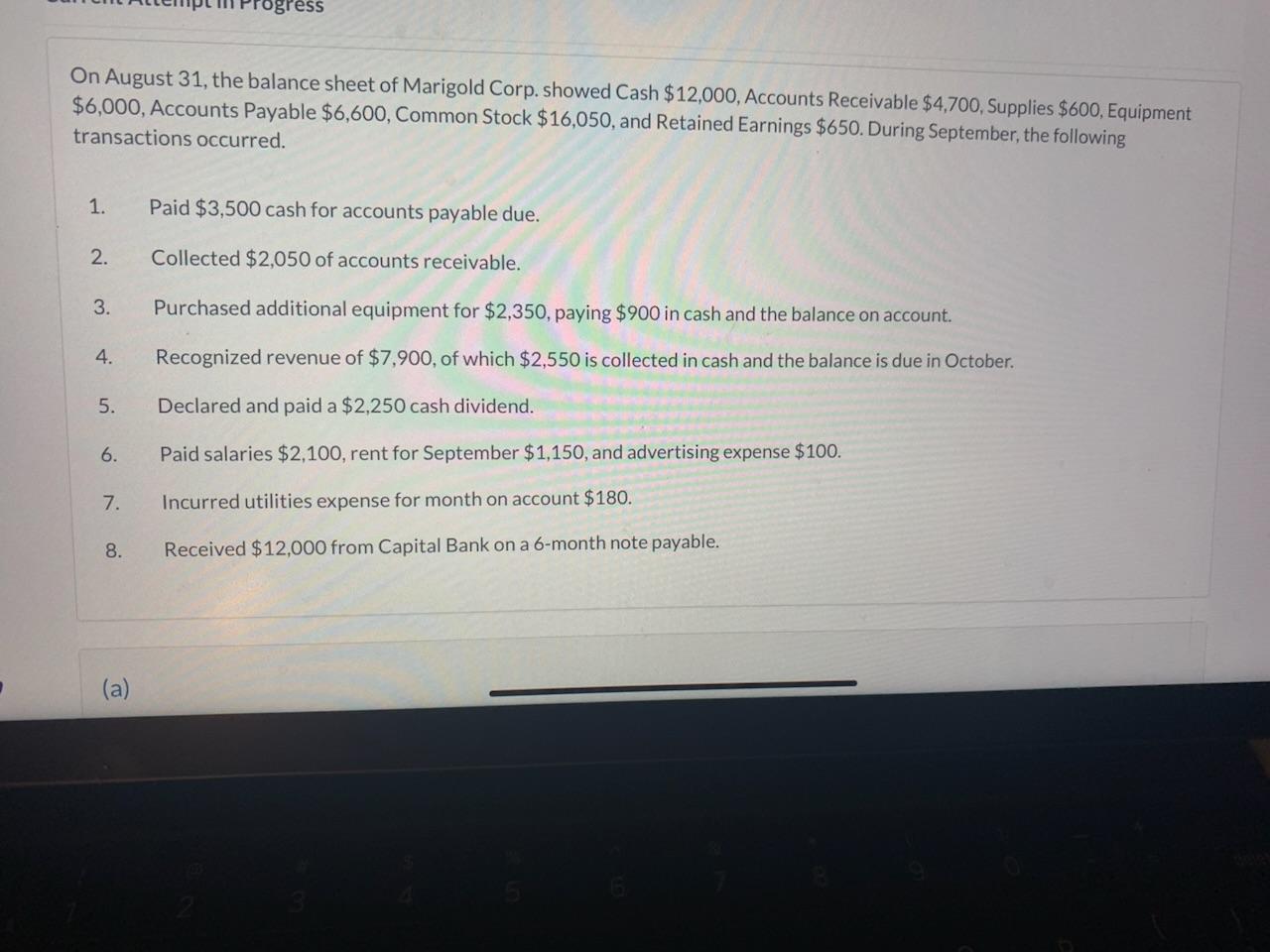 Solved On August 31, the balance sheet of Marigold Corp. | Chegg.com