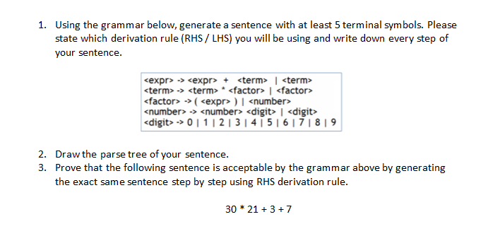 Solved 1. Using the grammar below, generate a sentence with | Chegg.com