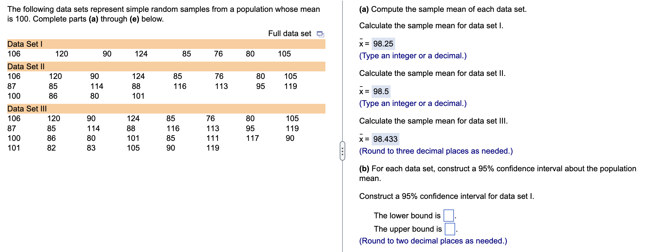 Solved The following data sets represent simple random | Chegg.com