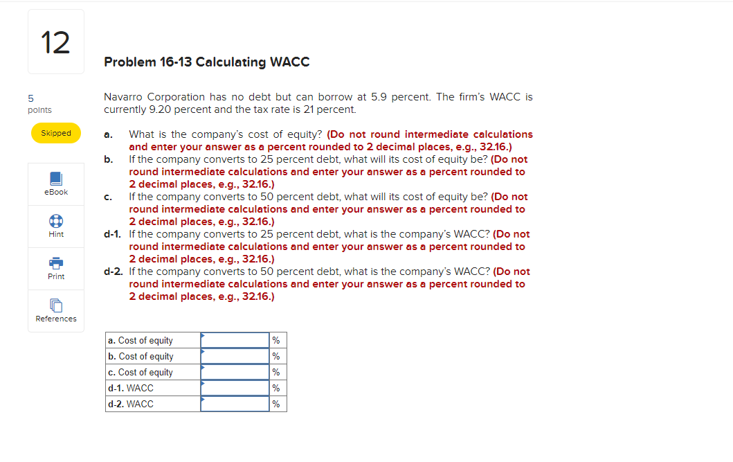 Solved Problem 16-13 Calculating WACC Navarro Corporation | Chegg.com