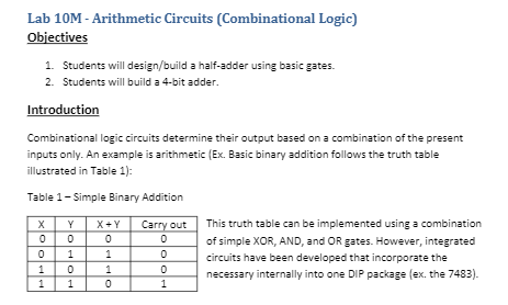 Solved Lab 10M - Arithmetic Circuits (Combinational Logic) | Chegg.com