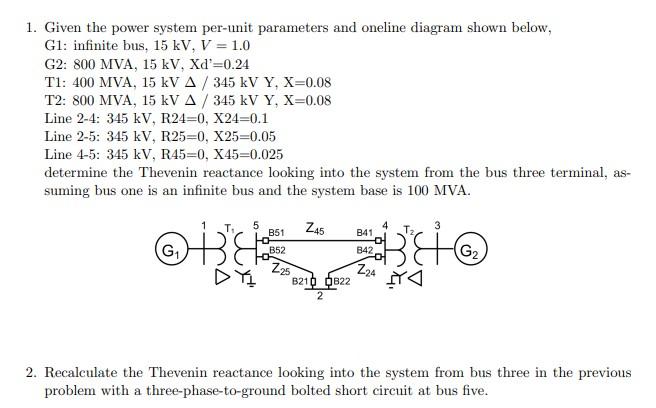 Solved 1. Given the power system per-unit parameters and | Chegg.com