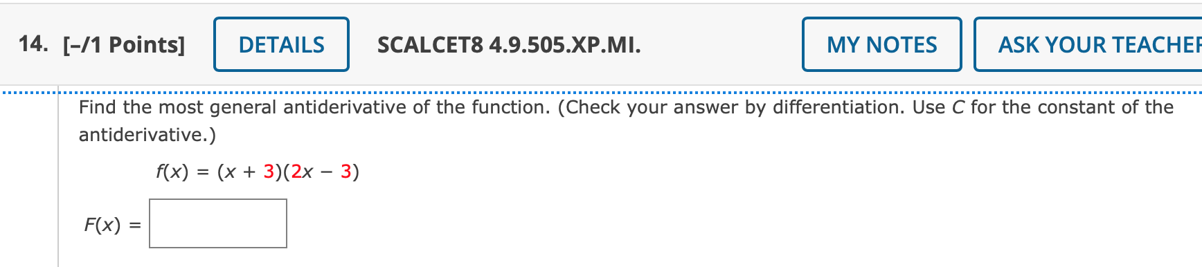 Solved 14. [-/1 Points] SCALCET8 4.9.505.XP.MI. Find the | Chegg.com