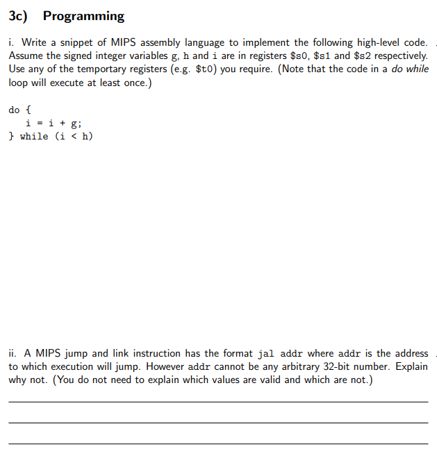3c) Programming i. Write a snippet of MIPS assembly | Chegg.com