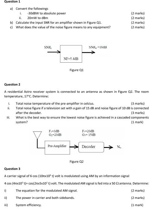 Solved Question 1 a) Convert the followings i. −30dBW to | Chegg.com