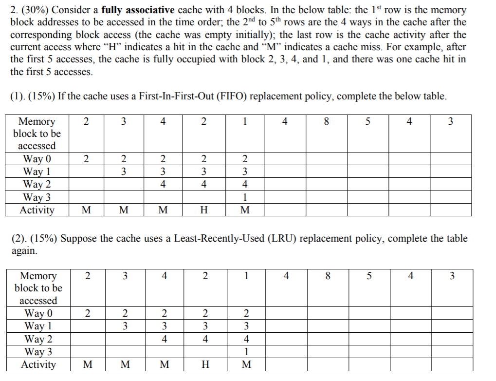 2, (30%) Consider a fully associative cache with 4 | Chegg.com