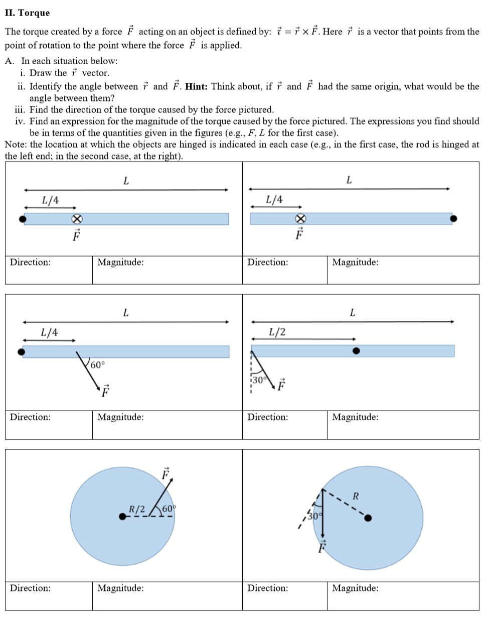 Solved II. Torque The torque created by a force F acting on | Chegg.com