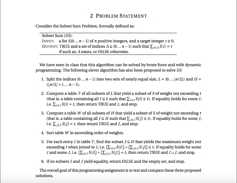 2 PROBLEM STATEMENT Consider the Subset Sum Problem, | Chegg.com