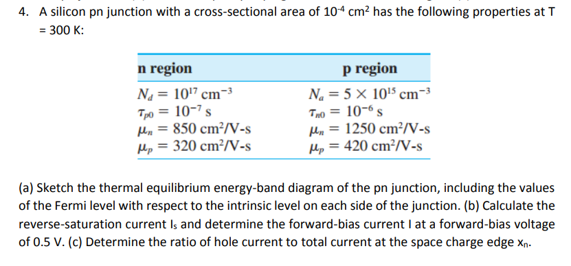 Solved 4. A silicon pn junction with a cross-sectional area | Chegg.com