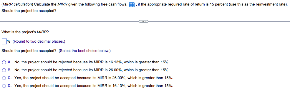 Solved (MIRR calculation) Calculate the MIRR given the | Chegg.com