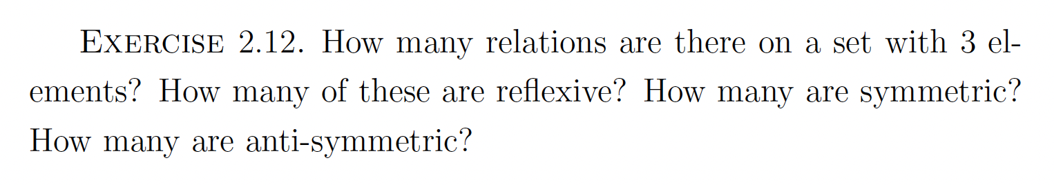 Solved ExERCISE 2.12. How many relations are there on a set | Chegg.com