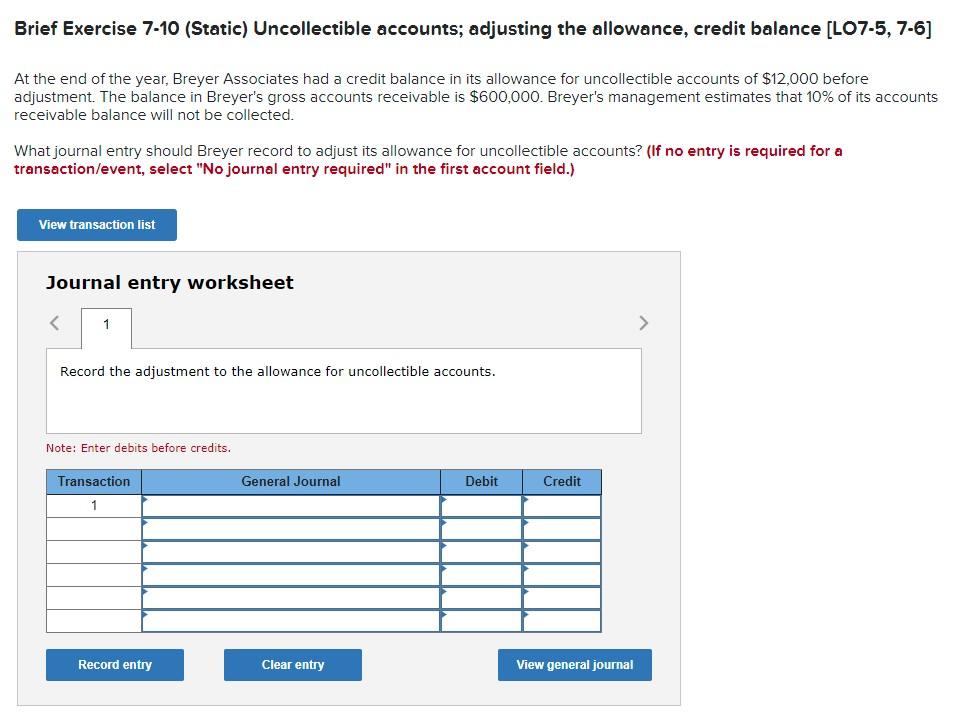 Solved Brief Exercise 7-10 (Static) Uncollectible accounts; | Chegg.com