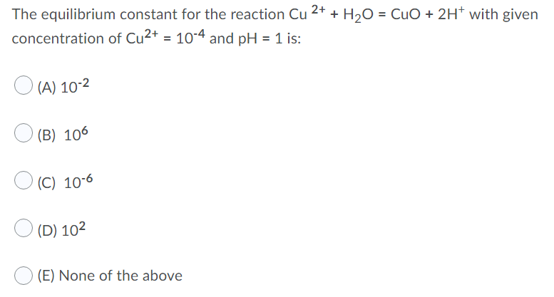 Solved The equilibrium constant for the reaction Cu 2+ + H2O | Chegg.com