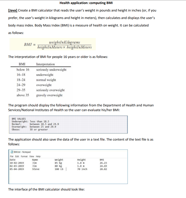 Solved Health application: computing BMI Javal Create a BMI | Chegg.com