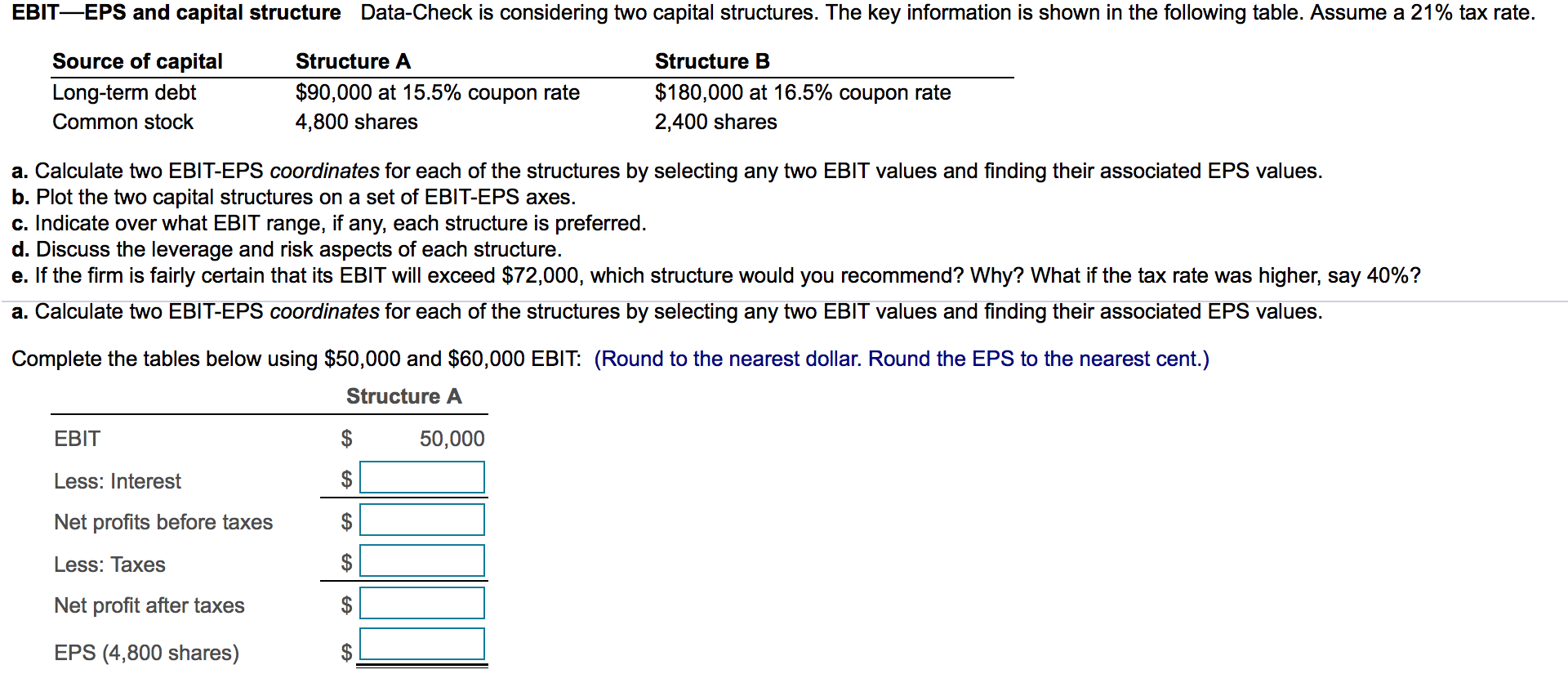 Solved EBIT—EPS and capital structure Data-Check is | Chegg.com