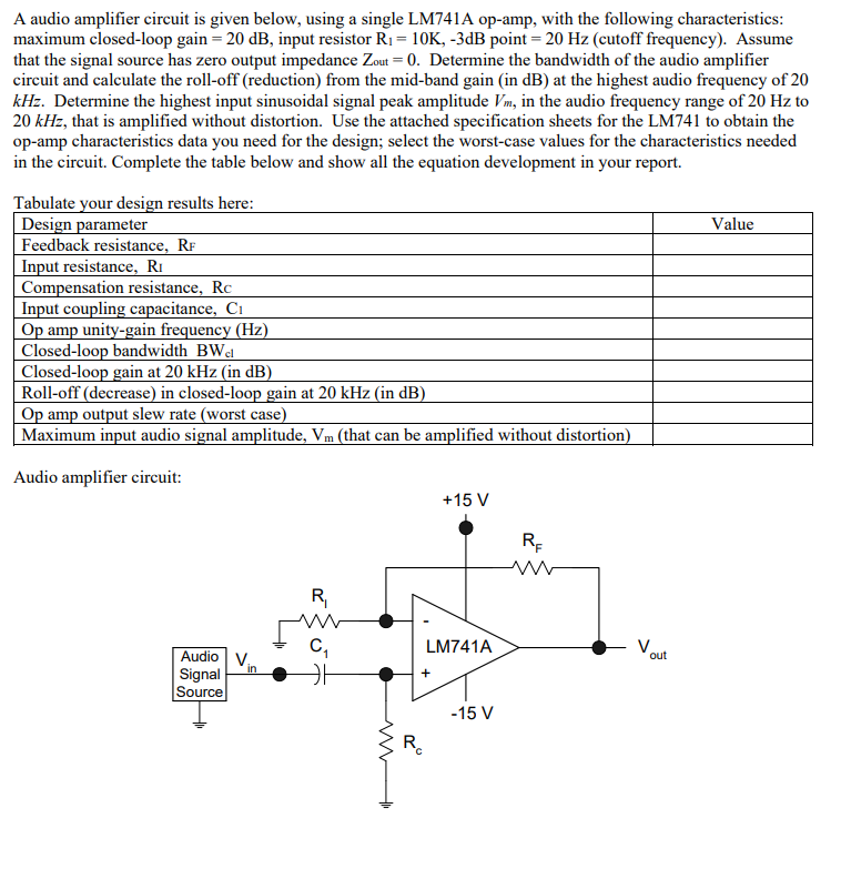Solved A audio amplifier circuit is given below, using a | Chegg.com