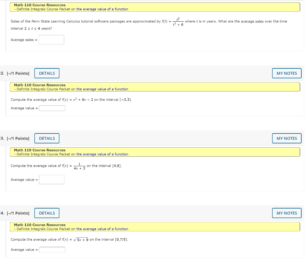 Solved Math 110 Course Resources Definite Integrals Course | Chegg.com