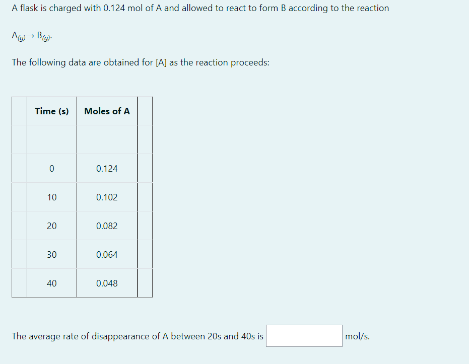 Solved A flask is charged with 0.124 mol of A and allowed to | Chegg.com
