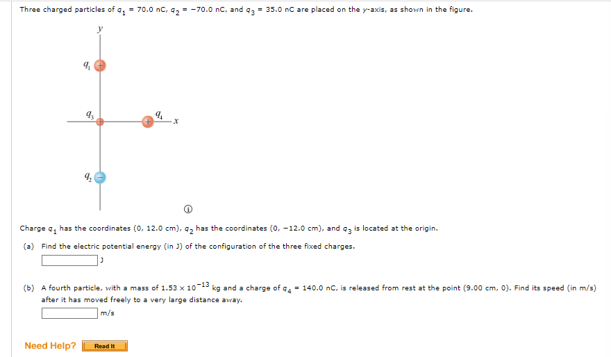 Solved Three charged particles of q1=70.0nC,q2=−70.0nC, and | Chegg.com