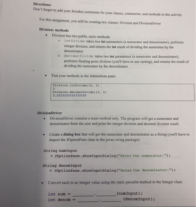 Solved Directions: Don't forget to add your Javadoc comments | Chegg.com