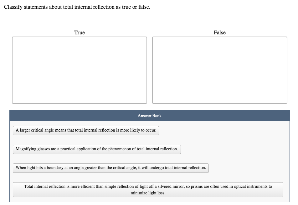 Solved Classify statements about total internal reflection | Chegg.com