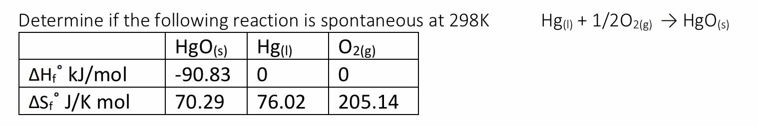 Solved Hgo) + 1/2O2(g) → HgOis) Determine if the following | Chegg.com
