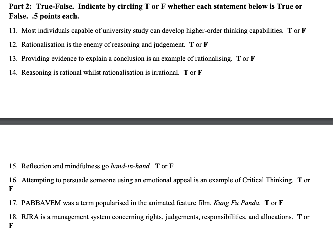 Solved Part 2: True-False. Indicate by circling T or F | Chegg.com