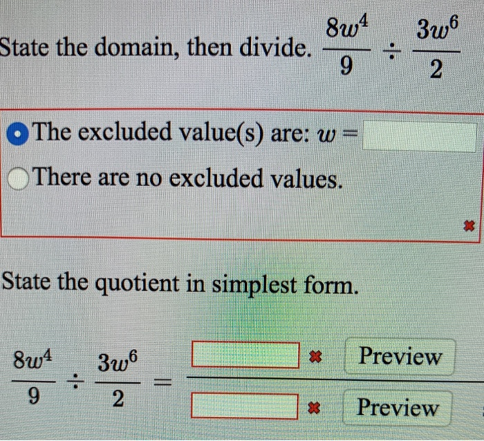 Solved the domain, then divide. State The excluded value(s) | Chegg.com Solved the domain, then divide. State The excluded value(s) | Chegg.com