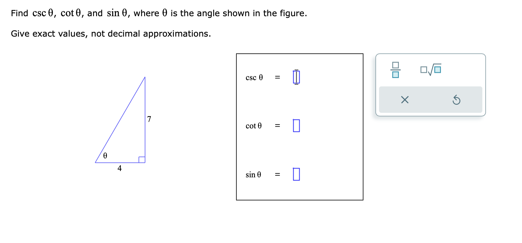 Solved Find cscθ,cotθ, and sinθ, where θ is the angle shown | Chegg.com