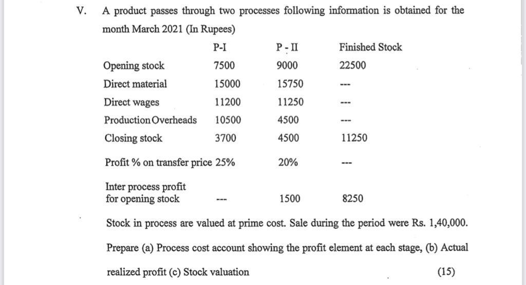 Solved V. A product passes through two processes following | Chegg.com