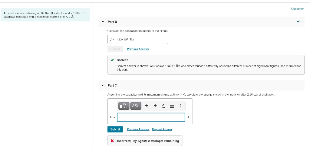 Solved Constants An L-C circuit containing an 89.0-III | Chegg.com