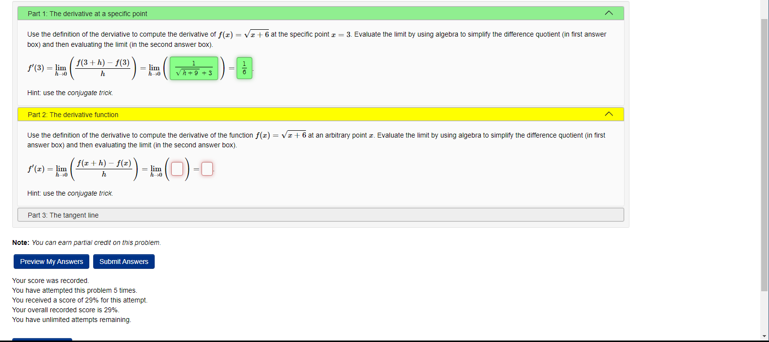 Solved Part 1: The derivative at a specific point Use the | Chegg.com