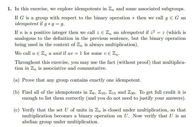 Solved 1. In this exercise, we explore idempotents in Z, and | Chegg.com