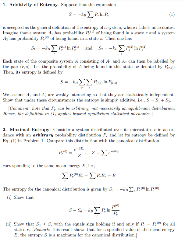 Solved Additivity of ﻿Entropy. Suppose that the | Chegg.com