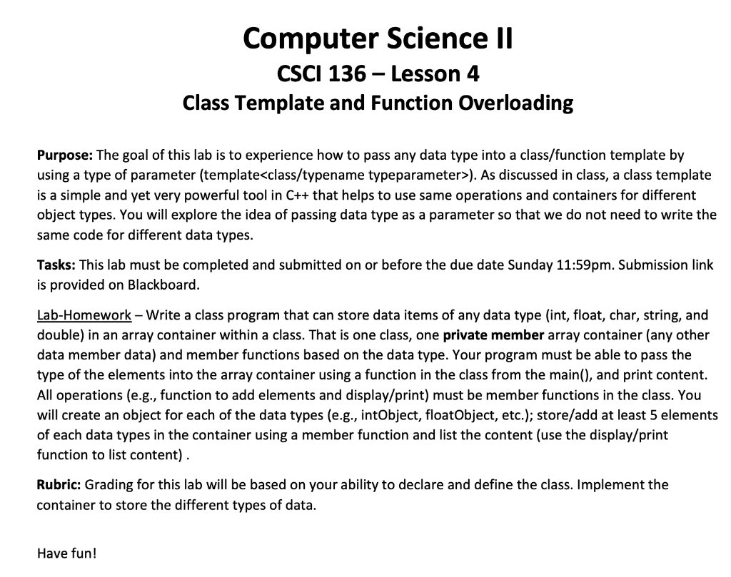 Solved Computer Science Ii Csci 136 Lesson 4 Class