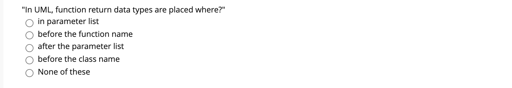 Solved "In UML, function return data types are placed | Chegg.com
