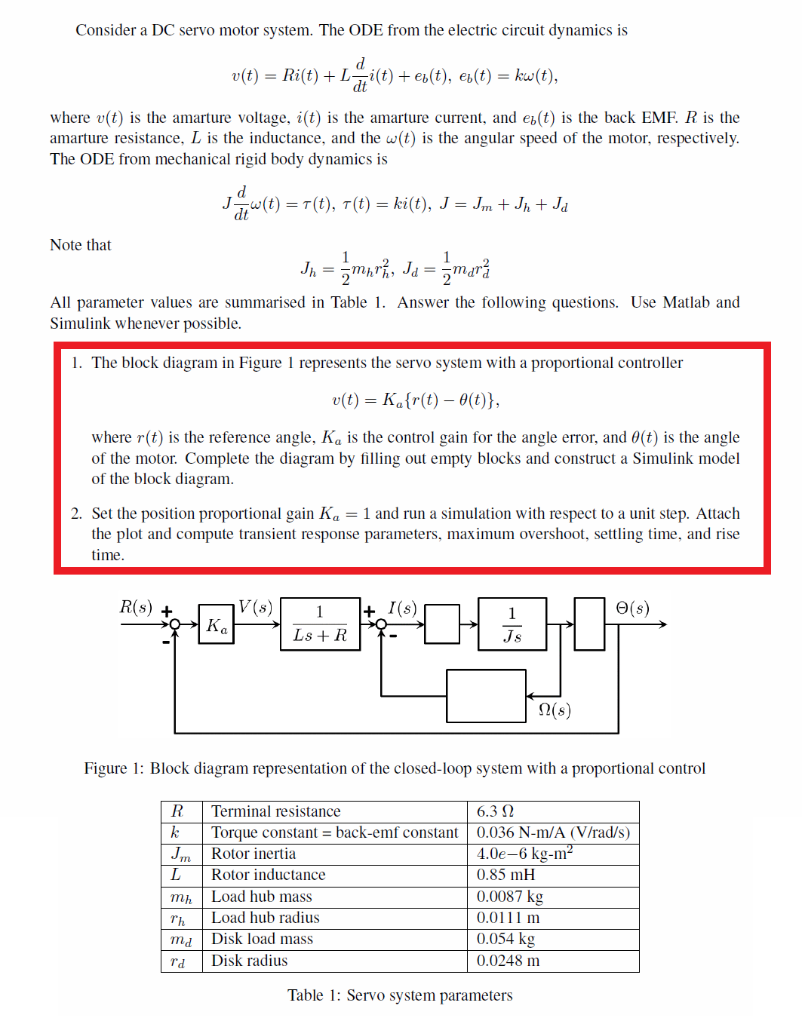 Solved Consider a DC servo motor system. The ODE from the | Chegg.com