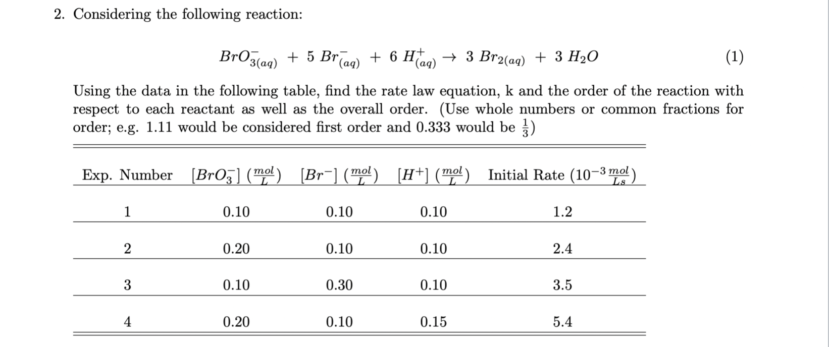 Solved 2. Considering the following reaction: | Chegg.com