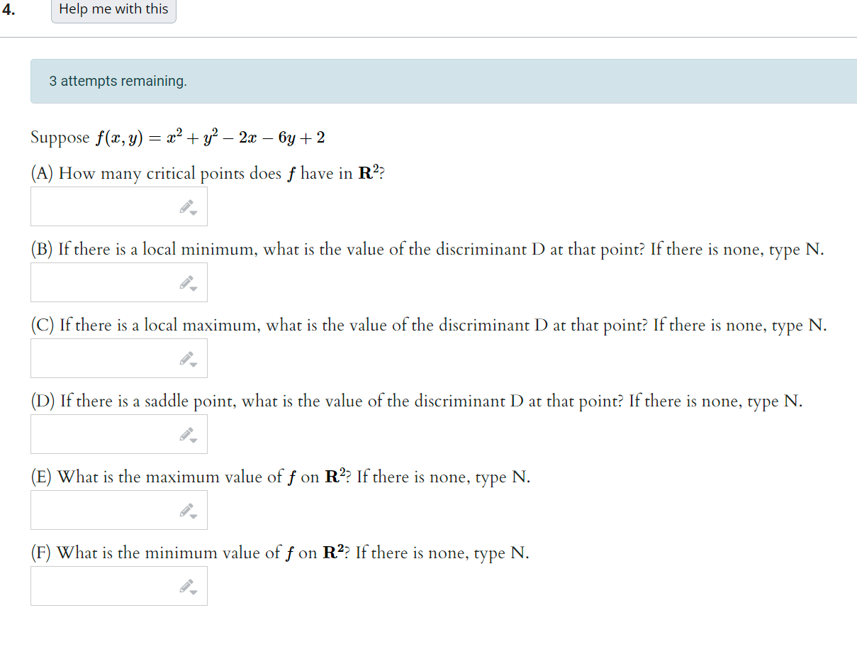 Solved 3 attempts remaining. Suppose f(x,y)=x2+y2−2x−6y+2 | Chegg.com