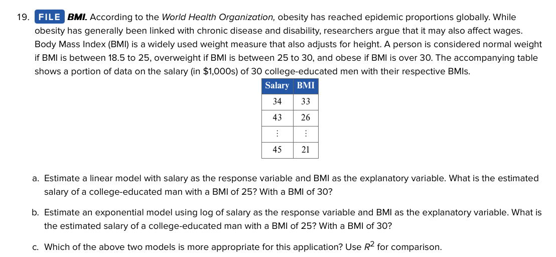 Solved FILE BMI. According to the World Health Organization, | Chegg.com