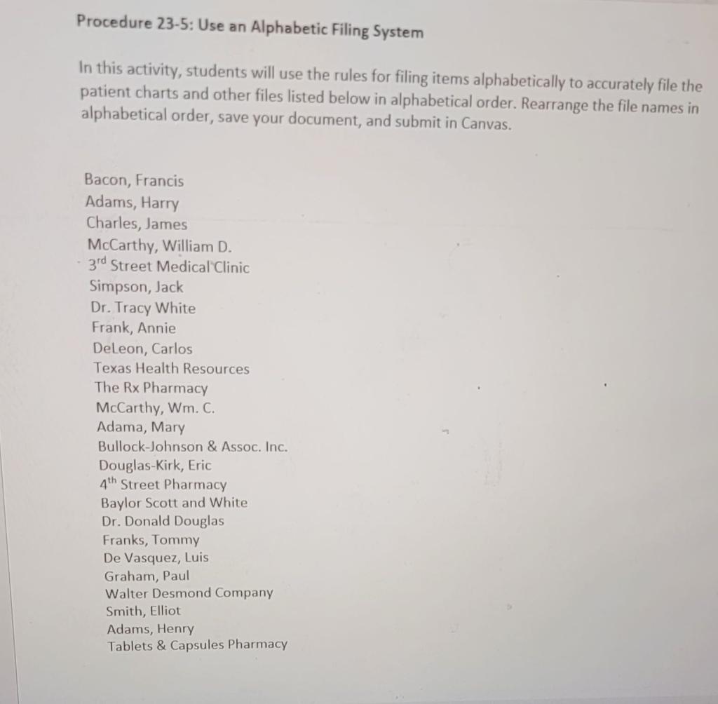 Solved Procedure 23-5: Use an Alphabetic Filing System In | Chegg.com
