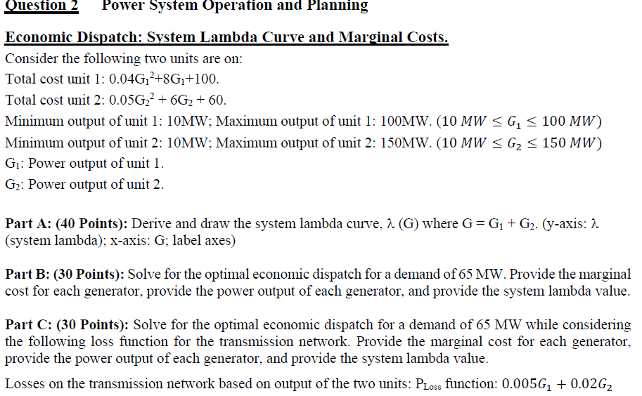 Question 2 Power System Operation and Planning | Chegg.com