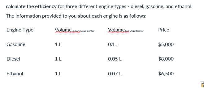 Solved calculate the efficiency for three different engine | Chegg.com