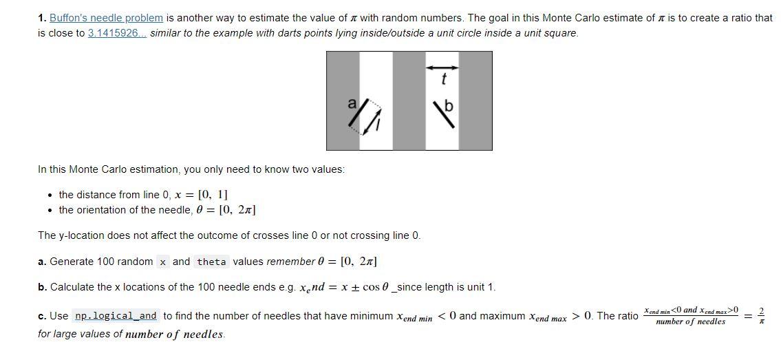 Solved 1. Buffon's needle problem is another way to estimate | Chegg.com
