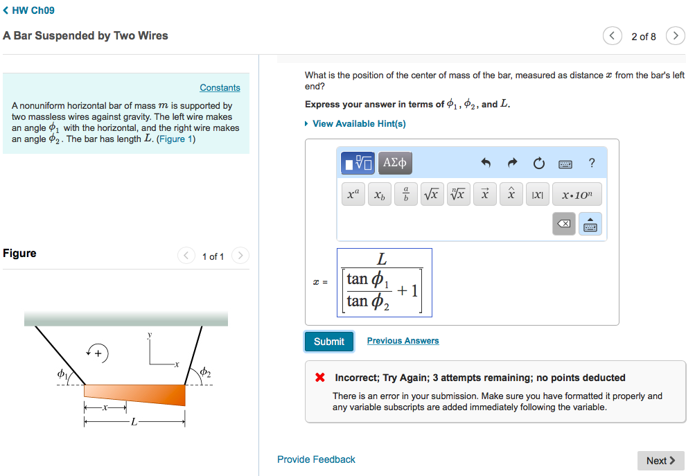 Solved A nonuniform horizontal bar of mass m is supported by | Chegg.com
