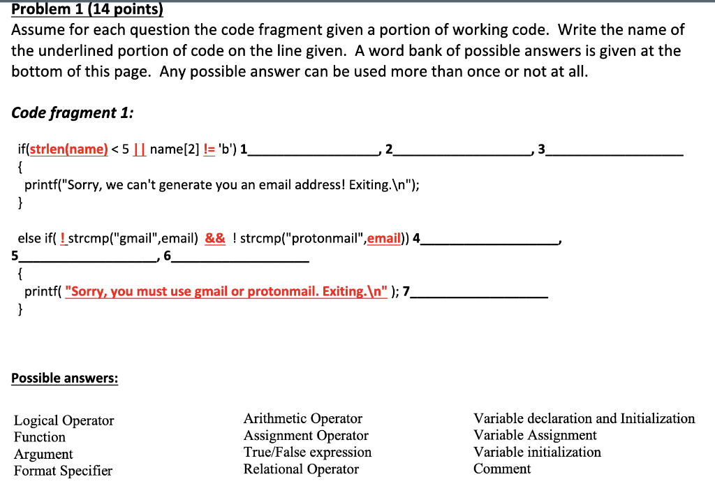 Solved Problem 1 (14 points) Assume for each question the | Chegg.com