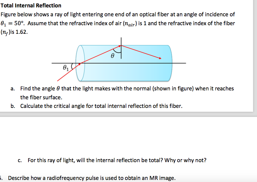 Solved Total Internal Reflection Figure below shows a ray of | Chegg.com