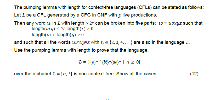 Solved The pumping lemma with length for context-free | Chegg.com